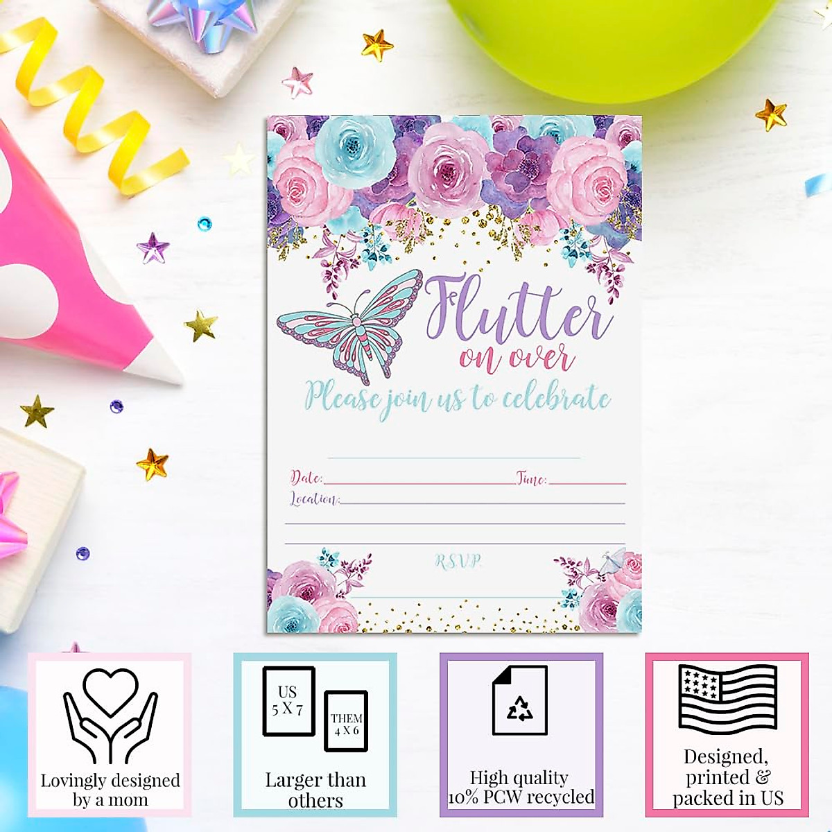 Amanda Creation Watercolor Floral Butterfly Birthday Party Fill In Style Invitations in pink, blue and purple. Set of 20 including envelopes