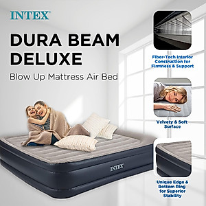 Intex Dura Beam Plus Deluxe Raised Pillow Inflatable Blow Up Portable Firm Air Mattress with Built-in Internal Air Pump, King-Sized Bed