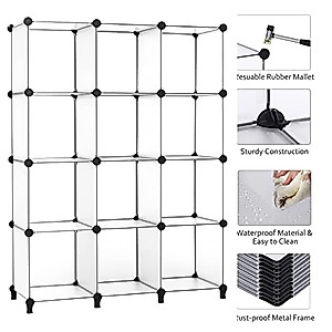 ANWBROAD Cube Storage Organizer 12-Cube DIY Modular Closet Organizer Plastic Bookshelf Bookcase Storage Shelves Units Rubber Hammer for Bedroom Office Living Room ULCS012T
