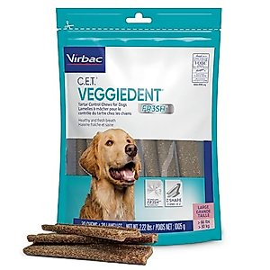 Virbac CET Veggiedent FR3SH Tartar Control Chews for Large Dogs Over 66 Pounds, Plant-Based Formula, 30 Count Bag