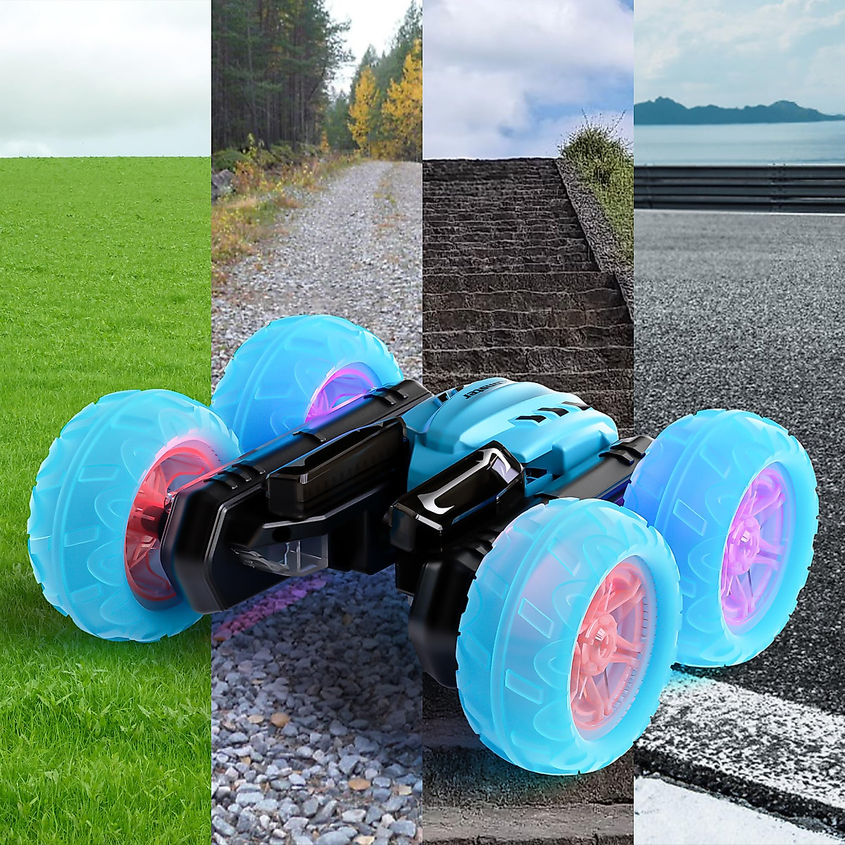 Remote Control Car Toys for Ages 8-12, 2.4Ghz RC Car with Headlights Wheel Lights, Off Road 4WD Rechargeable RC Stunt Car, RC Cars Toys Birthday for Kids Boys Girls (Blue)