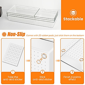 Criusia 22 Pcs Drawer Organizer Bins, Acrylic Non Slip Kitchen Drawer Organizers Storage Tray Divider, Multifunctional Storage for Cosmetics, Bathroom, Tools, Kitchen and Office