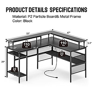WASAGUN 55" Gaming Desk L Shaped with Power Outlet and LED Lights,Corner Computer Desk with Monitor Stand Storage Shelves for Home Office Gamer Desk