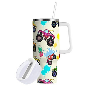 ODAWA 40oz Travel Coffee Tumbler with Straw and Handle, Colorful Monster Trucks Double Wall Insulated Tumbler