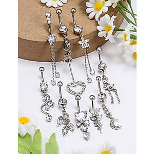 Goerhsjie 9pcs Surgical Stainless Steel Belly Button Ring, 14G 1.6mm x 3/8inch, for Women