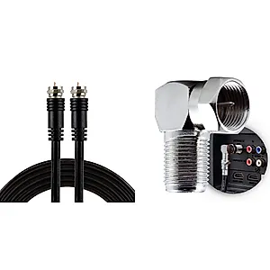 GE RG6 Coaxial Cable, 15 Ft. F-Type Connectors, Black, 33627 & Connector Adapter, for RG59 RG6 F-Type Coaxial Cables, 90-Degree Male-to-Female Connector, Screw-On Installation