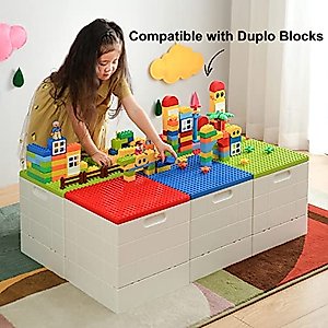 SHIMOYAMA Folding Duplo Storage Box, 2 Pack, 25L Storage Bin with Building Lid, 26 Qt. Collapsible Organizer for Duplo Blocks, Green and Blue