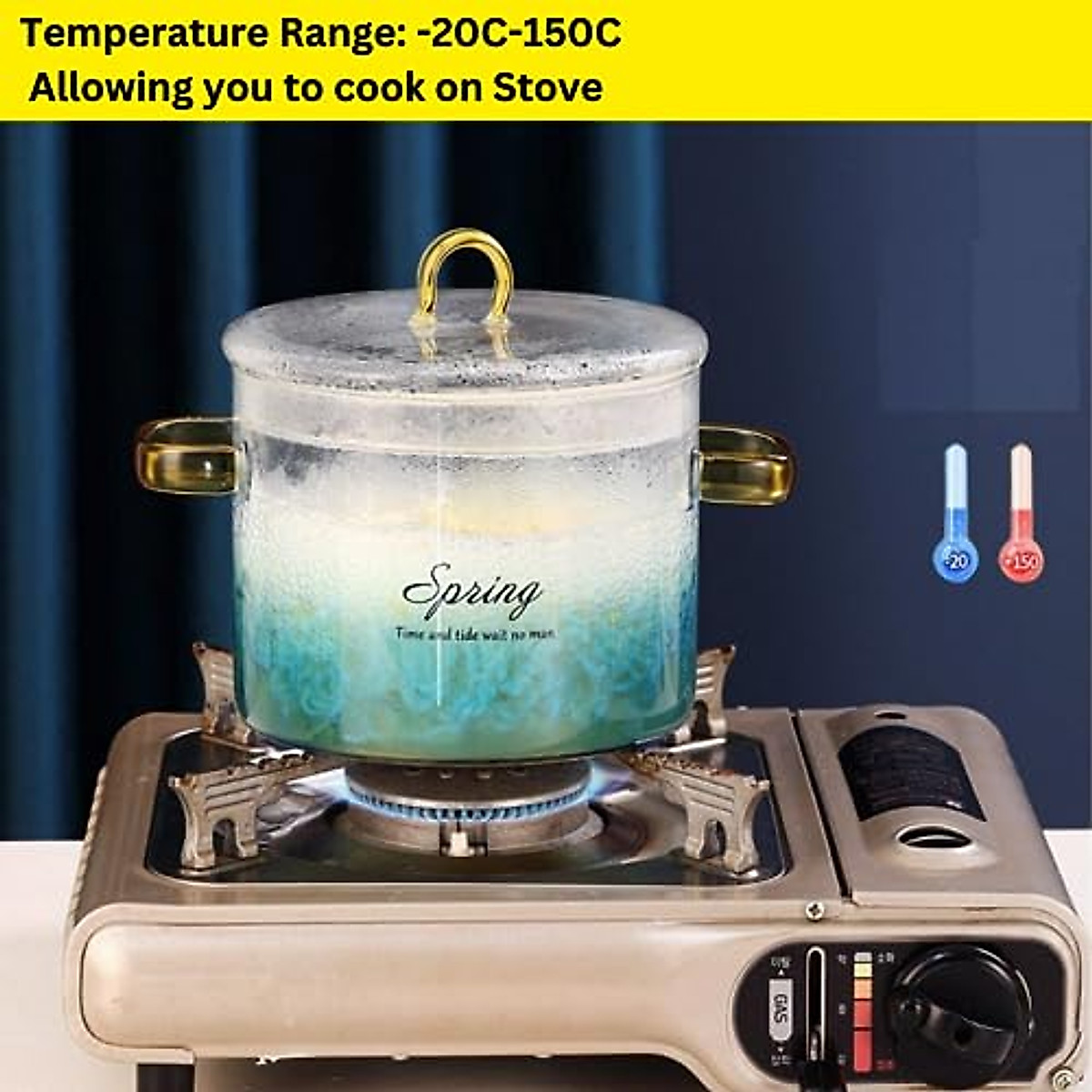 Glass Pot for Cooking On Stove, 1.5L Heat-Resistant Clear Simmer Pots for Cooking, Microwave Glass Saucepan with Cover & Handle, Glass Cookware for Noodles, Soup and simmering (Clear with Blue Tint)