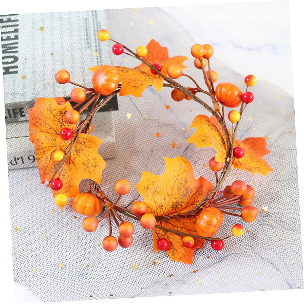 VOSAREA Maple Pumpkin Wreath Mini Autumn Wreath Farmhouse Fall Garland Halloween Party Wreath Decorative Hanging Wreath Pumpkin Candle Ring Mini Maple Leaf Front Door Iron Wire Ornaments