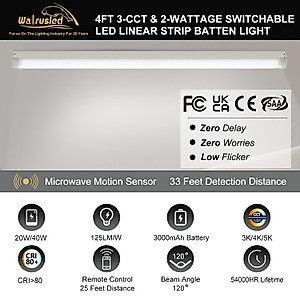 2 Pack 4FT Tri-Level Sensor LED Linear Strip Emergency Stairwell Light w/Remote, CCT 20W/40W Selectable, 125lm/W, Battery Backup, 30K/40K/50K, IP20, Dimmable Commercial Shop Ceiling Light Fixture, FCC