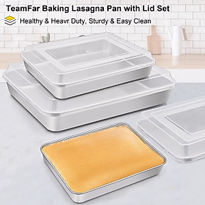 TeamFar Lasagna Pan(3 Pan & 3 Lids), 12⅖” & 10¼” & 9⅖” Cake Pan with Lids, Rectangular Baking Pan Stainless Steel Bakeware Set for Lasagna Cake Brownie, Healthy & Sturdy, Dishwasher Safe