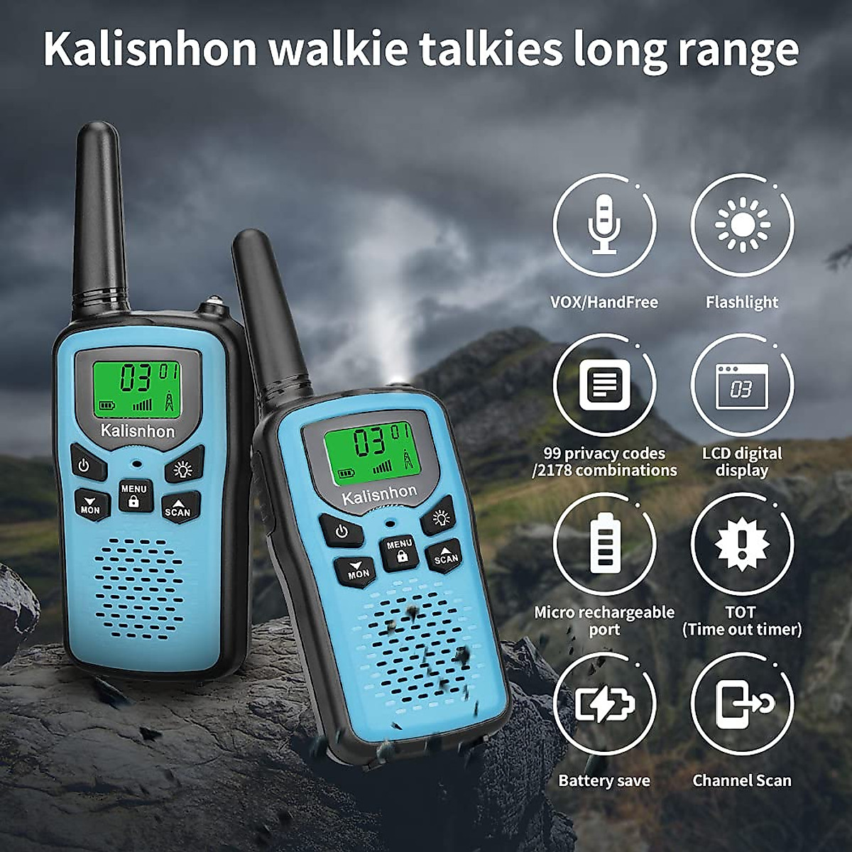 Walkie Talkies, Kalisnhon Walkie Talkies for Adults with Flashlight, walkie Talkie Long Range FRS 22 Channels VOX LCD Display Two Way radios for Cycling Camping Hiking(4 Colors Pack)