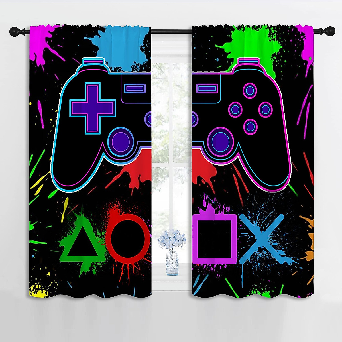 LHROOMJK Gamer Gaming Gamepad Rod Pocket Blackout Curtains for Boy Girl Bedroom, Colorful Splash Art Video Game Controller Thermal Insulated Home Window Drapes for Living Room Darkening, 42x45 inch