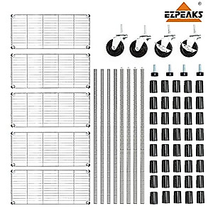 EZPEAKS Chrome 5-Shelf Shelving Unit on 3'' Wheels with Shelf Liners Set of 5, NSF Certified, Adjustable Heavy Duty Steel Wire Shelving Rack (30W x 14D x 63.7H) Pole Diameter 1 Inch