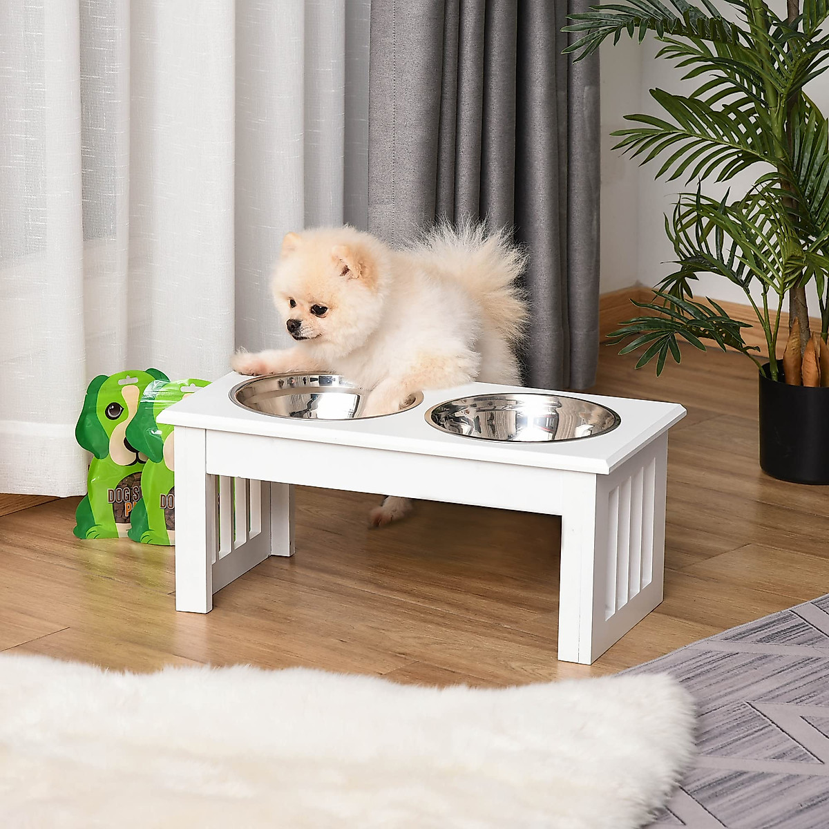 PawHut 6" Height Small Puppy Dog Feeding Station for Messy Pets, Stainless Steel Elevated Dog Bowls with Modern Wooden Frame, Dog Food Stand Pet Feeding Station, White
