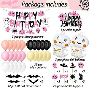 67 Pcs Halloween Birthday Decorations Pink Black Birthday Banner Cake Topper Halloween Cupcake decoration 3D Bat Wall Stickers Halloween Theme Balloons Happy Birthday Party Supplies
