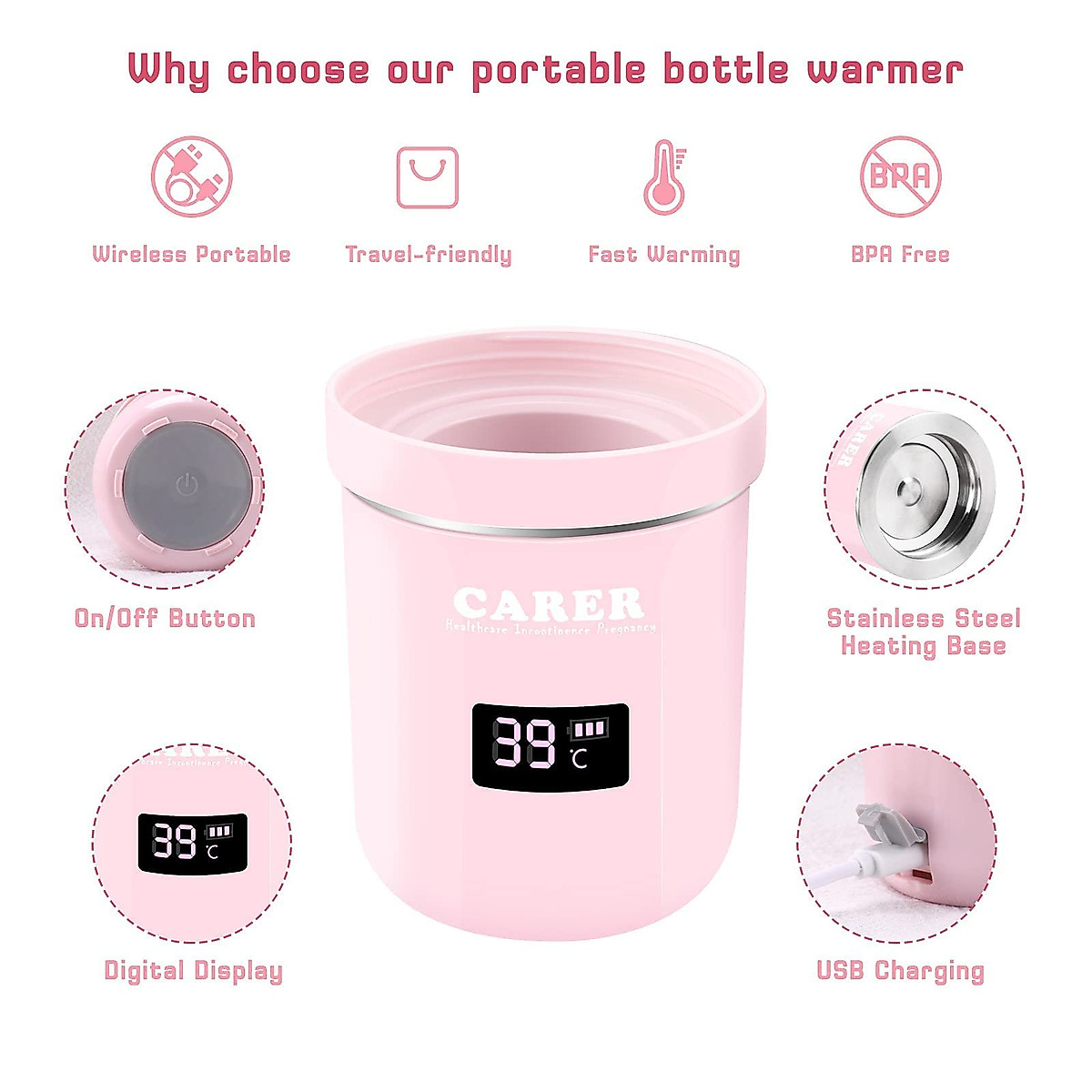 Bottle Warmer Portable Baby Milk Warmer with LCD Milk Fast Heater Breastmilk Warmer Rechargeable Baby Milk Instant Warmer for Night Feeding Travel Car Baby Brew Bottle Warmer Milk Heating Keeper
