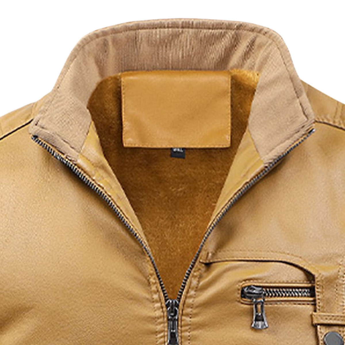 Maiyifu-GJ Men Vintage Stand Collar Leather Jacket Faux Leather Fleece Lined Motorcycle Jacket Lightweight PU Zip Up Outwear (Yellow 2,3X-Large)