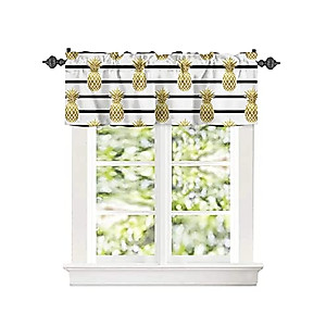 Window Valance for Kitchen,Summer Gold Pineapple Black White Stripes Curtain Valances Rod Pocket Short Curtains,Tropical Fruit Seamless Privacy Window Treatment for Bedroom Living Room 42x12in