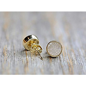 White Druzy Quartz Stud Earrings-Genuine Drusy Gemstone-Gold-8mm-Jewelry Gift Idea-Holiday-Stocking Stuffer-New Years (White Druzy)