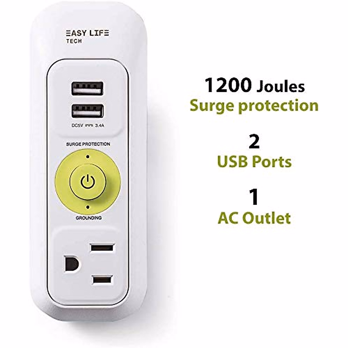 Travel Outlet Extender with Surge Protection 1 Outlet 2 USB for Home, Hotel, and Office by Easylife Tech