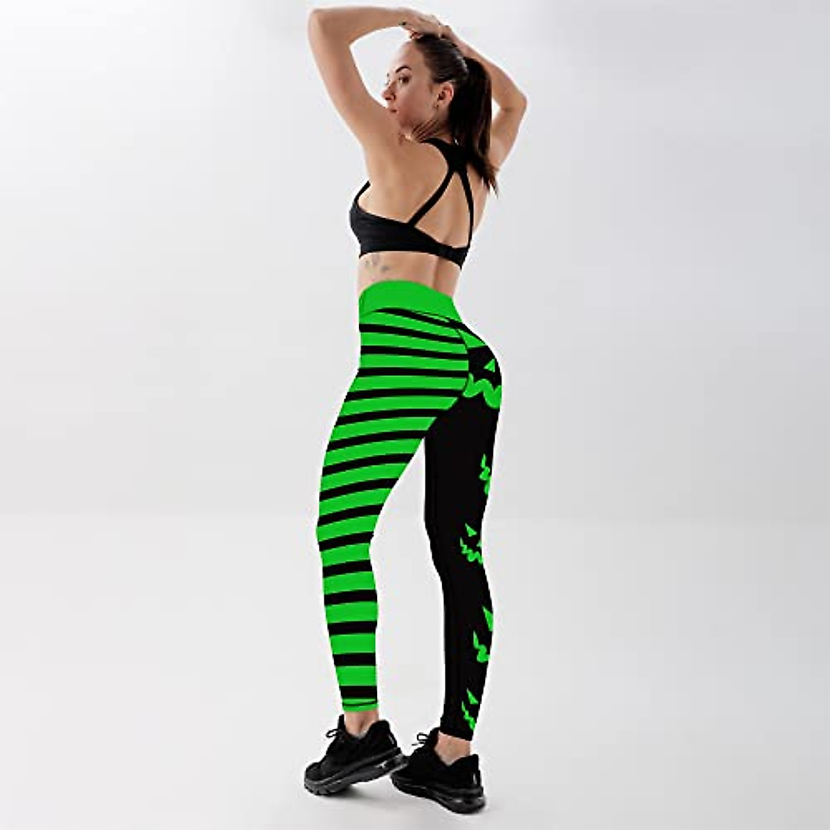 JIFRE Soft High Waist Halloween Pumpkin Head Stripes Print Legging Slim Yoga Nude Feeling Long Pants for Sportwear Fitness Running DanceL