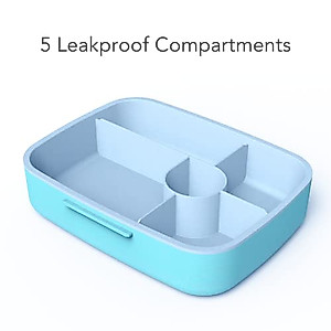 Fenrici Bento Lunch Box For Kids 5 Leakproof Compartments, Microwave and Dishwasher Safe, BPA Free, Food Safe, 60% Wheat Straw, Cool Blue