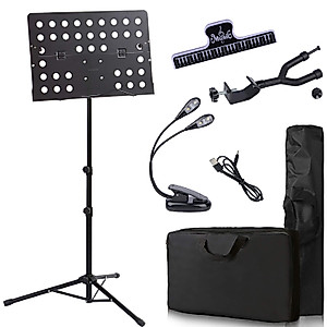 Klvied Sheet Music Stand with Violin Hanger, Folding Music Stand, Portable Fortable Music stand for Sheet Music, Violin Music Stand with Travel Case, Light, Black