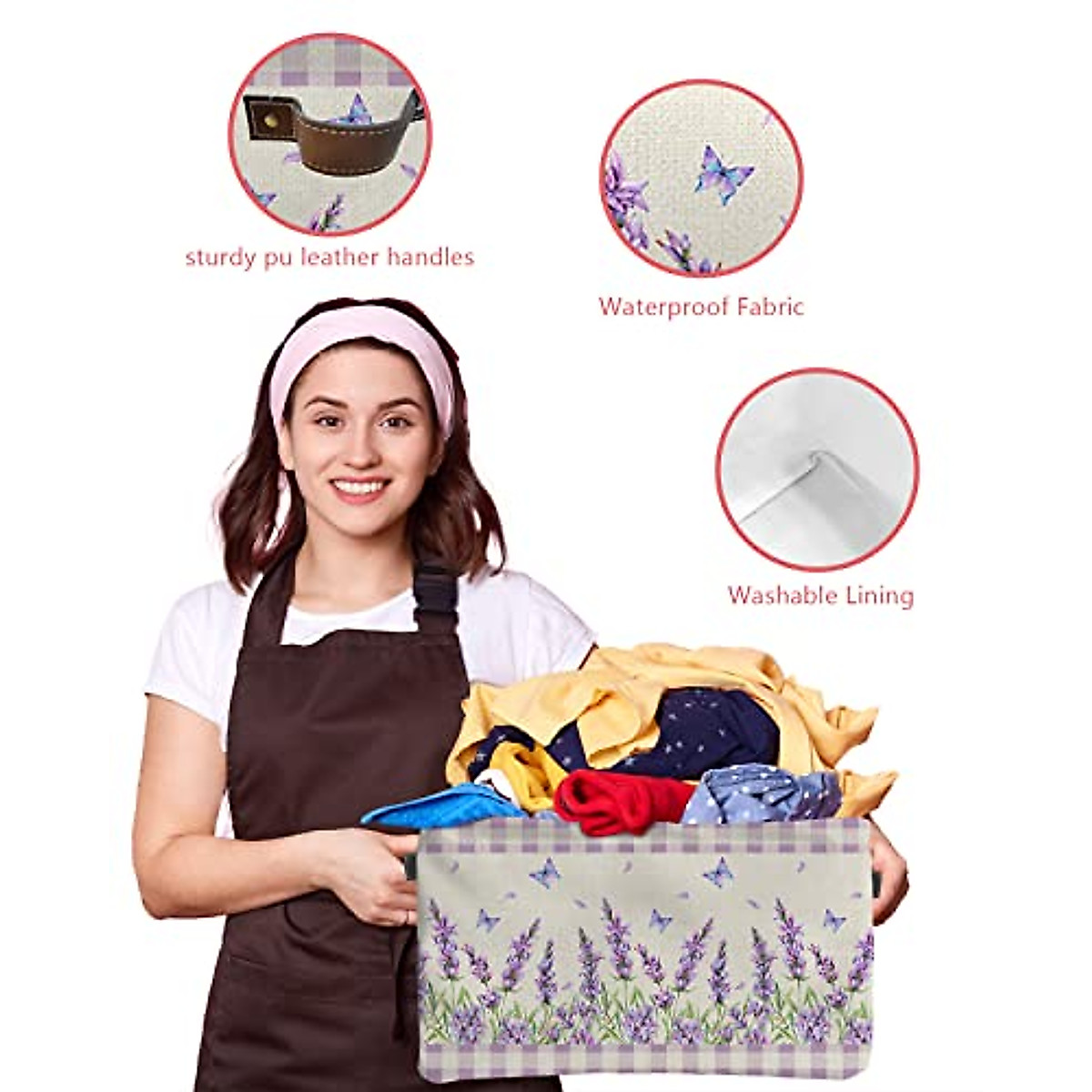 Storage Bins, Lavender with Purple Check Rustic Storage Baskets for Organizing Closet Shelves Clothes Decorative Fabric Baskets Large Storage Cubes with Handles