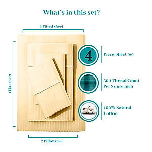 Feather & Stitch Queen Size Damask Bed Sheets|100% Soft Cotton, 4 Pc Set 500 TC Sateen Weave - 1 Flat Sheet, 1 Fitted Sheet & 4 Pillow Cases - Semolina