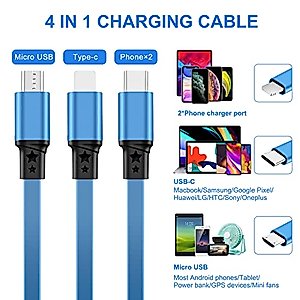 2 Pack 4 in 1 Multi USB Retractable Charger Cable,3A Multiple Charging Cord Adapter with Dual Phone/USB-C/Micro-USB Port Adapter, Fast Charging Compatible with Cell Phones Tablets Universal (2park)