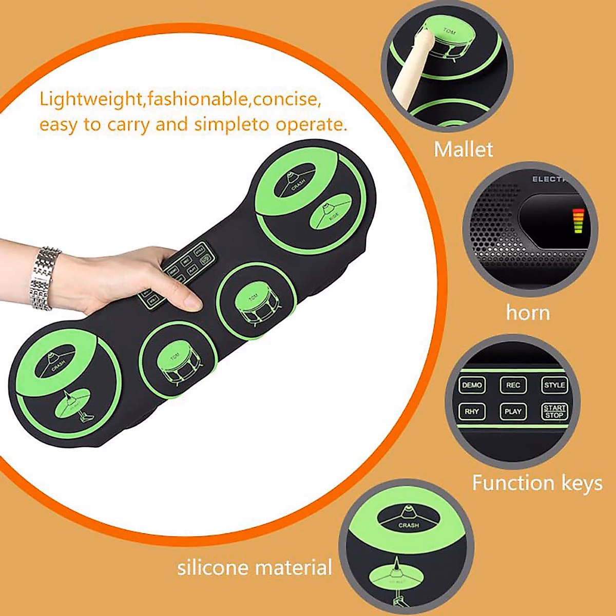 9 Pads Portable Electronic Drum Set with Built-in Speakers, Power Supply, Foot Pedals and Drumsticks, Roll Up Electric Musical Instruments