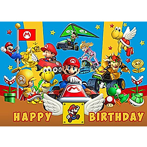 GUOBING Betta Mario Backdrop Kids Happy Birthday Baby Shower for Super Mario Bros Kart Party Backdrop Game Party Photo Video Decoration Background 7x5ft