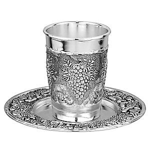 BOKER-TOV SHALOM Silver Plated Kiddush Cup Set - Premium Kiddush Wine Cup and Saucer for Shabbat, Havdalah, Passover - Judaica Shabbos and Holiday Gift