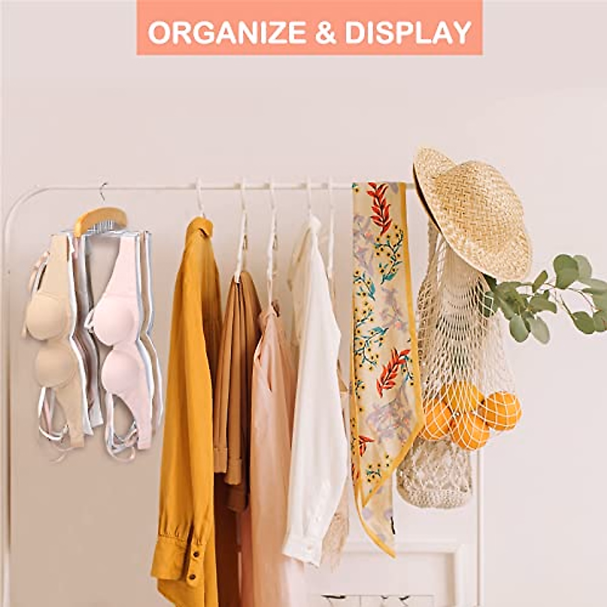 Bra Hanger Organizer with Premium Wood, 16 Large Capacity, Space Saving, 360° Rotating, Foldable Metal Hooks, Resovo Bra Closet Organizer for Bras, Tank Tops, Bathing Suits, Ties-Wood