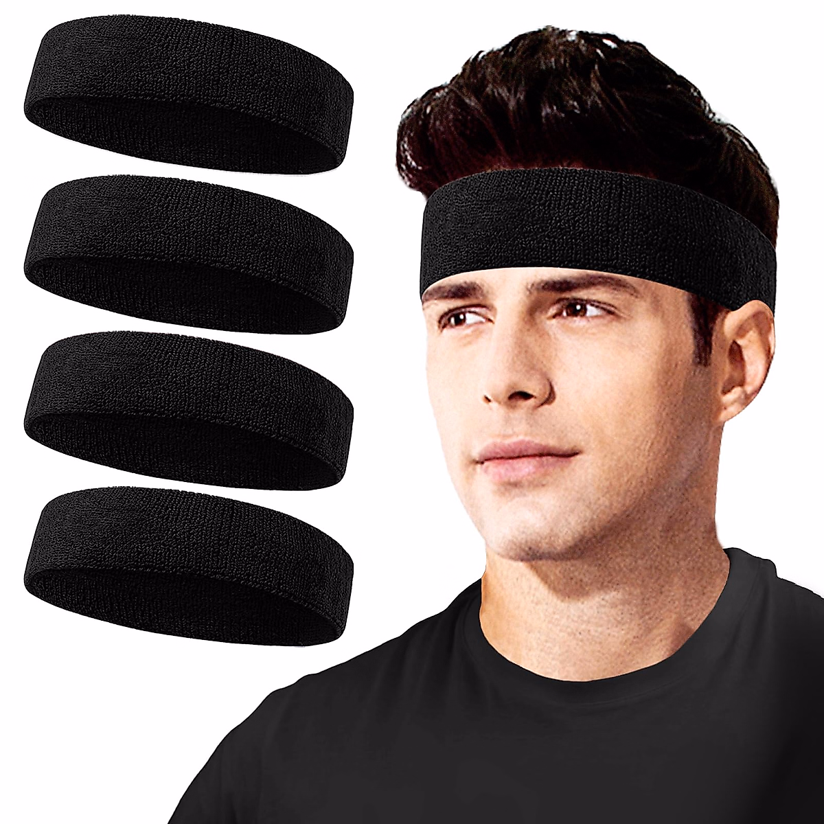 4 Pcs Sweatbands Sport Headbands for Men & Women, Sweat Head Bands Moisture Wicking Sport Headband Cotton Sweatbands for Basketball, Athletic Exercise, Tennis, Running, Yoga