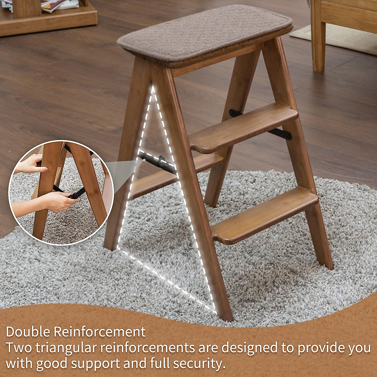 HYNAWIN 3 Tier Bamboo Ladder, Multi-Functional Foldable Ladder, Portable Bamboo Step Ladder with Wide Anti-Slip Pedals for Home, Kitchen, Office, Space-Saving