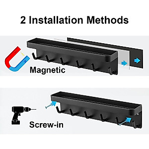 Magnetic Key Hooks with Mail Organizer Wall Mount Key Holder with 6 Hooks Key Rack with Tray Sunglasses Holder for Entryway Refrigerator Hallway and Office (Black)