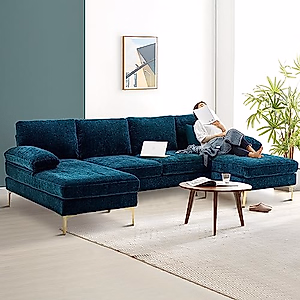 U-Shaped Sectional Sofa Comfy Couch for Living Room Set, 110 inches Wide Modern Large 4-Seat Couch Convertible Soft Velvet Couch Set with Double Chaise Lounge (Teal Blue, Chenille Fabric)