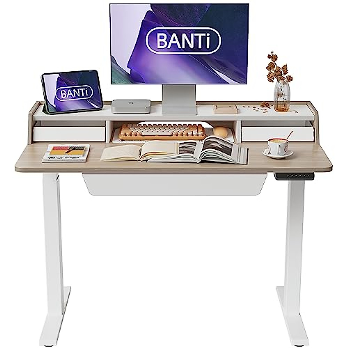 BANTI Height Adjustable Electric Standing Desk with Three Drawers, 48 x 25 Inch Table with Storage Shelf, Sit Stand Desk with Storage Space, Splice Board with White Frame/Light Walnut Top, 48 inch