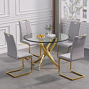 36" Round Dining Table for 4, Glass Kitchen & Dining Room Tables, Modern Circle Dining Room Table with 0.39" Tempered Glass Tabletop and Cross Stainless Steel Legs for Dinner Small Spaces