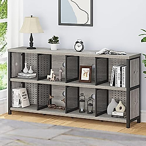 LVB Industrial 4 5 6 7 8 Cube Bookcase, Rustic Wood Metal Horizontal Bookshelf, Modern Wide Cube Organizer Storage Shelf, Large Long Low Book Shelf for Office Bedroom Living Room, Light Grey Oak 63 In