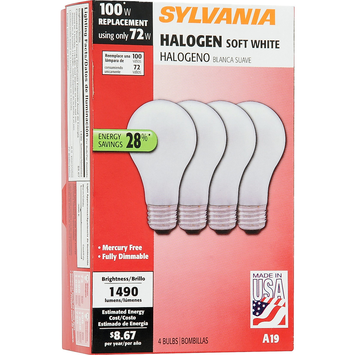 SYLVANIA Home Lighting 52258 Halogen Bulb, A19-72W-3000K, Soft White Finish, Medium Base, Pack of 4