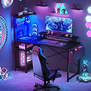 Homieasy Gaming Desk with Power Outlets & Pegboard & Led Light, 43 Inch Computer Desk with Reversible Storage Shelves & Side Storage Bag, PC Gamer Desk with Hutch & Monitor Stand, Carbon Fiber Black