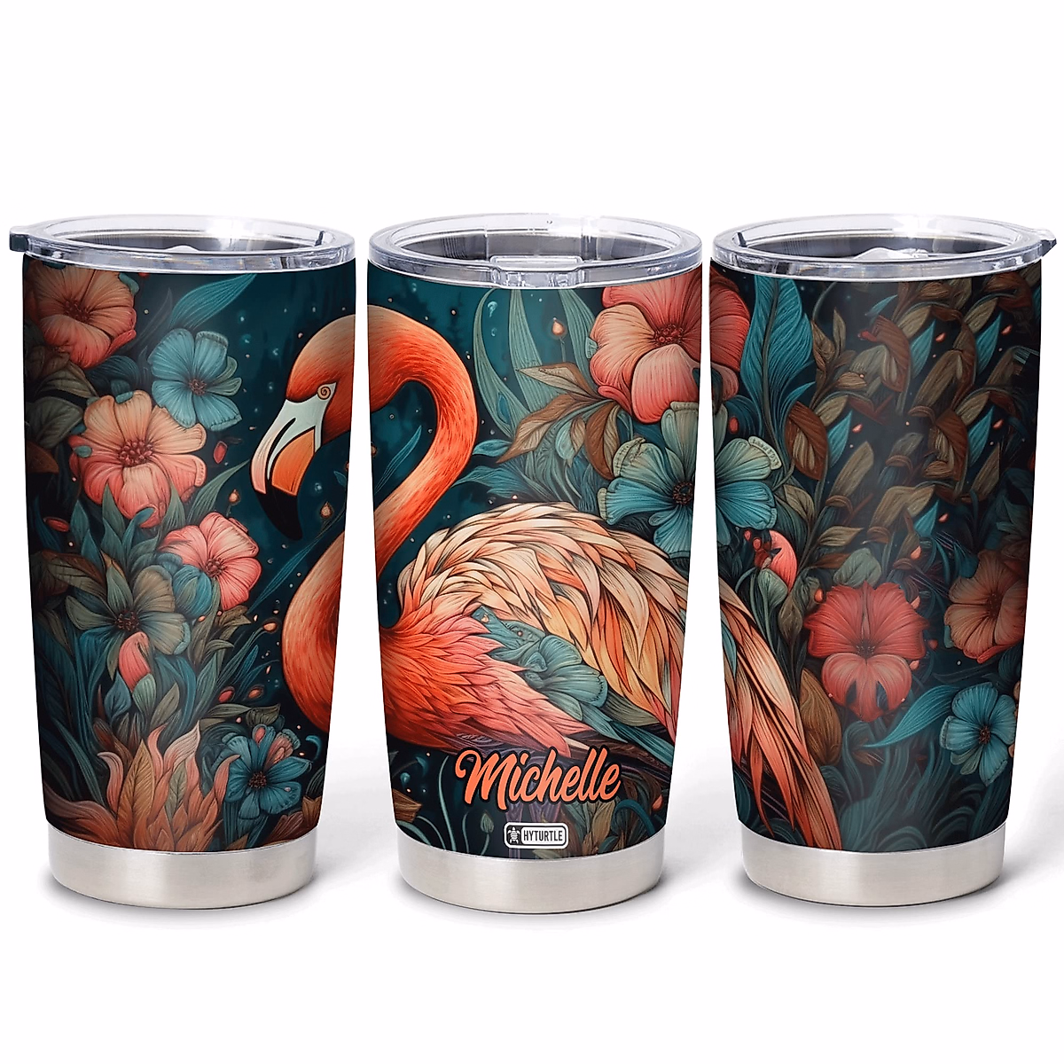 Hyturtle Personalized Gifts For Flamingo Lover - Flamingo Prints Custom Name Stainless Steel Tumbler 20oz With Lid - Idea Bird, Animal lover Gift For Women Girl On Birthday, Christmas
