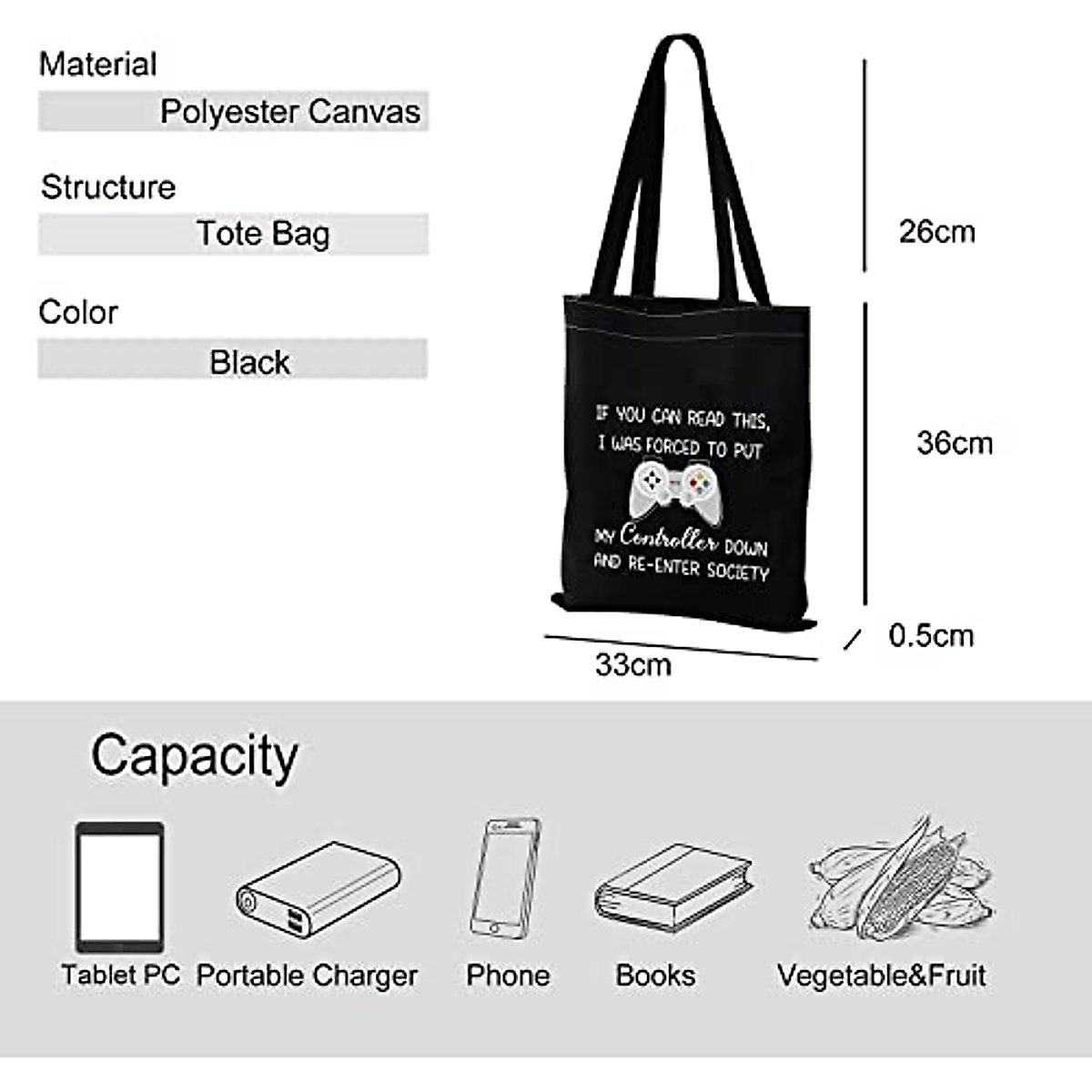 VAMSII Gamer Tote Bag Video Game Lover Gifts if You can Read This I was Forced to Put My Controller Down Bag Game Nerd Gifts (I was forced to put my Controller down)