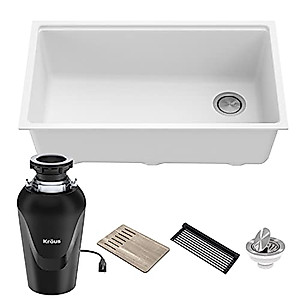 KRAUS Bellucci Workstation 32 in. Undermount Granite Composite Single Bowl Kitchen Sink in White with Accessories with WasteGuard™ Continuous Feed Garbage Disposal, KGUW1-33WH-100-75MB