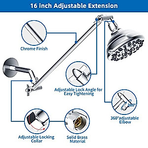 16 Inch Solid Brass Adjustable Shower Head Extension Arm with Lock Joints, Extra Long Shower Extension Arm, Flexible Height & Angle Shower Arm Extender, Universal Connection to all Shower Heads,Chrome