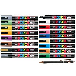 Uni Paint Marker Poster Color 17 Marking Pen Medium Point PC-5M 15 Standard & Gold, Silver Set With Original Stylus Ballpoint Touch Pen