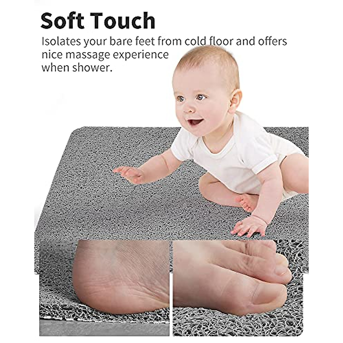 Non Slip Shower Mat, Comfortable Bath mat for Textured Surface,Quick Drying Easy Cleaning Shower Floor Mat for Wet Area,Without Suction Cups Grey 24 x 24